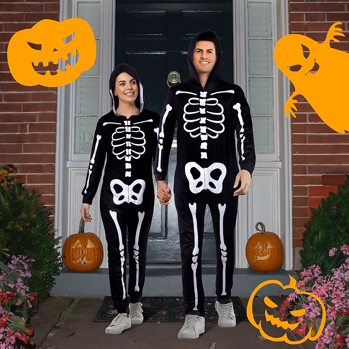 Liitrsh Halloween Skeleton Costumes Matching Family Jumpsuit with Hoodie Trick or Treat Pajamas for Women Men Kids Couple (Men,Large)