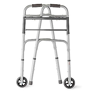 Medline Two-Button Folding Walker with Wheels, Metallic, 1 Count