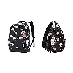 MOSISO 15.6-16 inch Laptop Backpack&Sling Backpack for Women, Polyester Anti-Theft Casual Daypack Bag with Luggage Strap&USB Charging Port, Camellia Travel Business Bag, Black