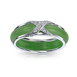 Bling Jewelry 925 Sterling Silver Jade Cubic Zirconia Crossover Motif Band,Green,6