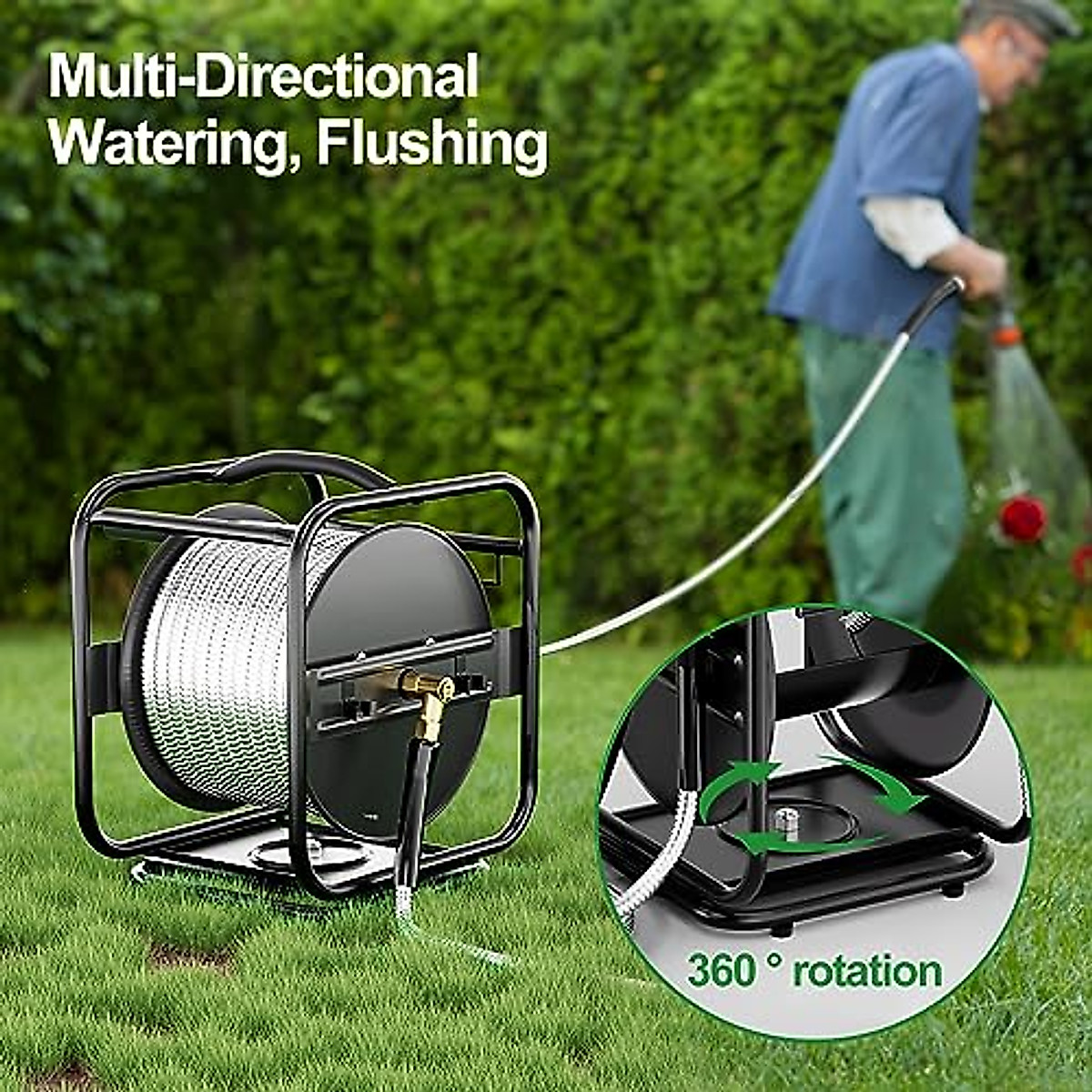 SPECILITE Heavy Duty Metal Garden Hose Reel With 100 Ft 304 Stainless Steel & 9-Pattern Metal Nozzle, 360° Rotation Frame,Wall Mount/Floor Hose Reel,