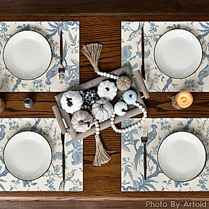 Artoid Mode Bird Floral Leaves Chinoiserie Placemats Set of 4, 12x18 Inch Branches Spring Table Mats for Party Kitchen Dining Decoration