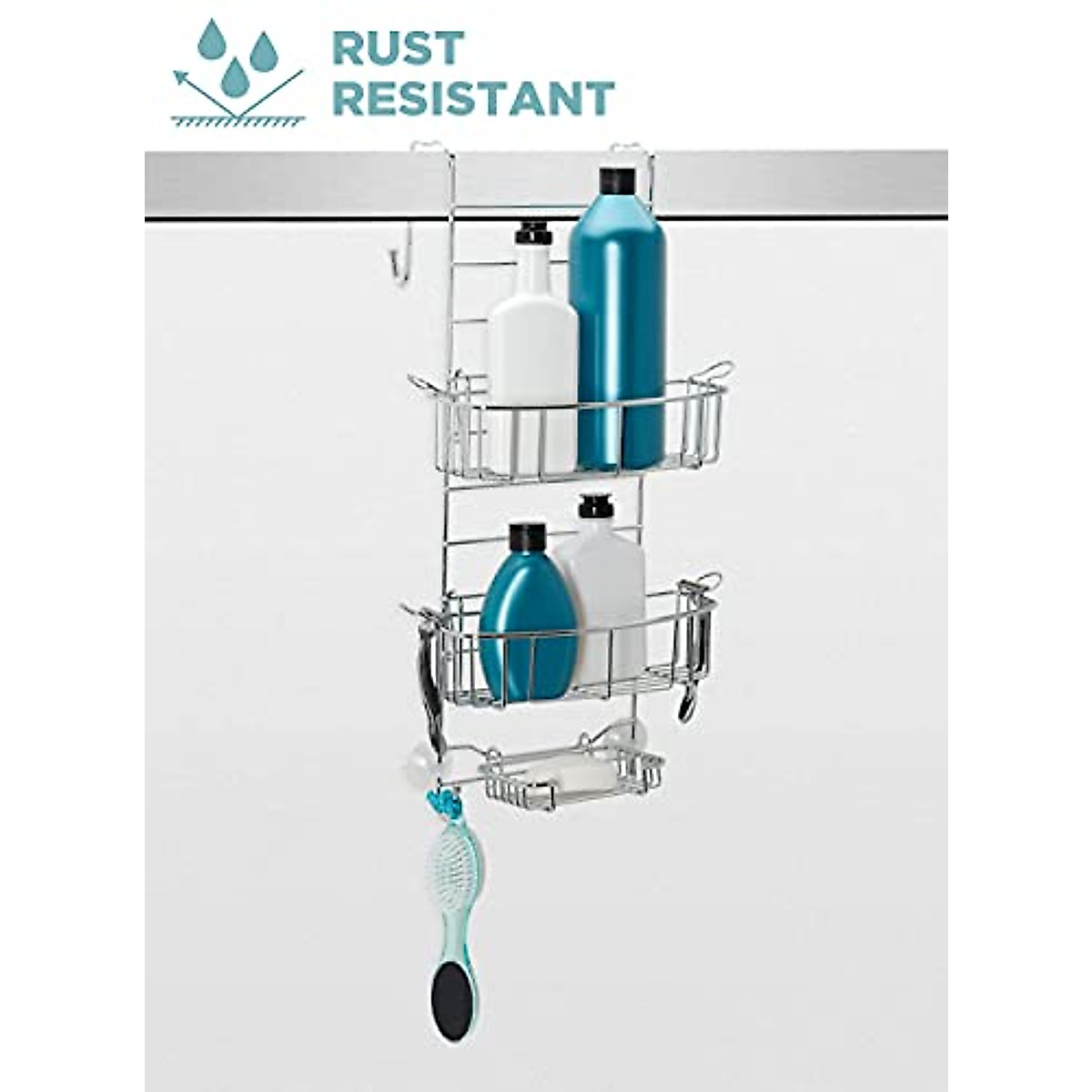 Zenna Home Hanging Shower Caddy, Over the Door, Rust Resistant, with 2 Storage Baskets, Soap Dish, Razor Holders and Hooks, Bathroom or Kitchen Shelf Organizer, No Drilling, Chrome