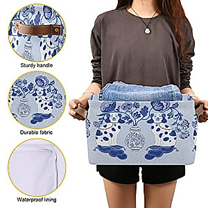 JUAMA Staffordshire Dogs in Chinoiserie Style Blue and White Porcelain Large Foldable Open Storage Bins With Handles Rectangular Baskets Cube for Closet Office Nursery Toys Bedroom Home Organizer 2 Pa