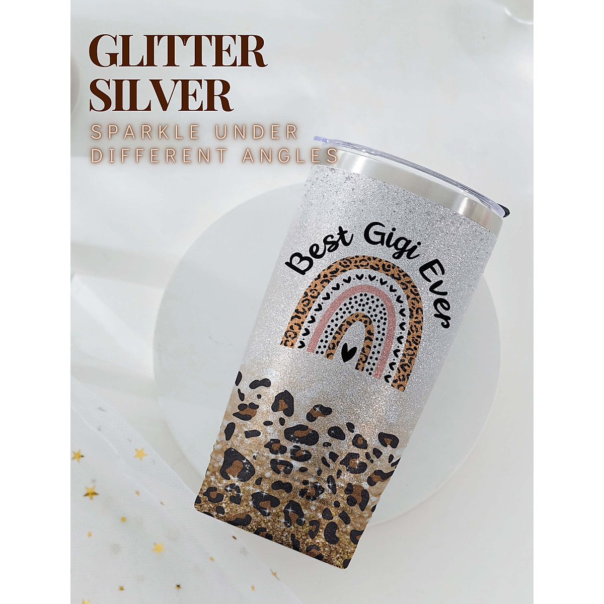 Onebttl Gigi Gifts from Granddaughter, Grandson, Insulated Stainless Steel Wine Tumbler with Lid and Straw, for Grandma on Mother's Day, Birthday, Christmas, Best Gigi Ever, Glitter Silver, 20 oz