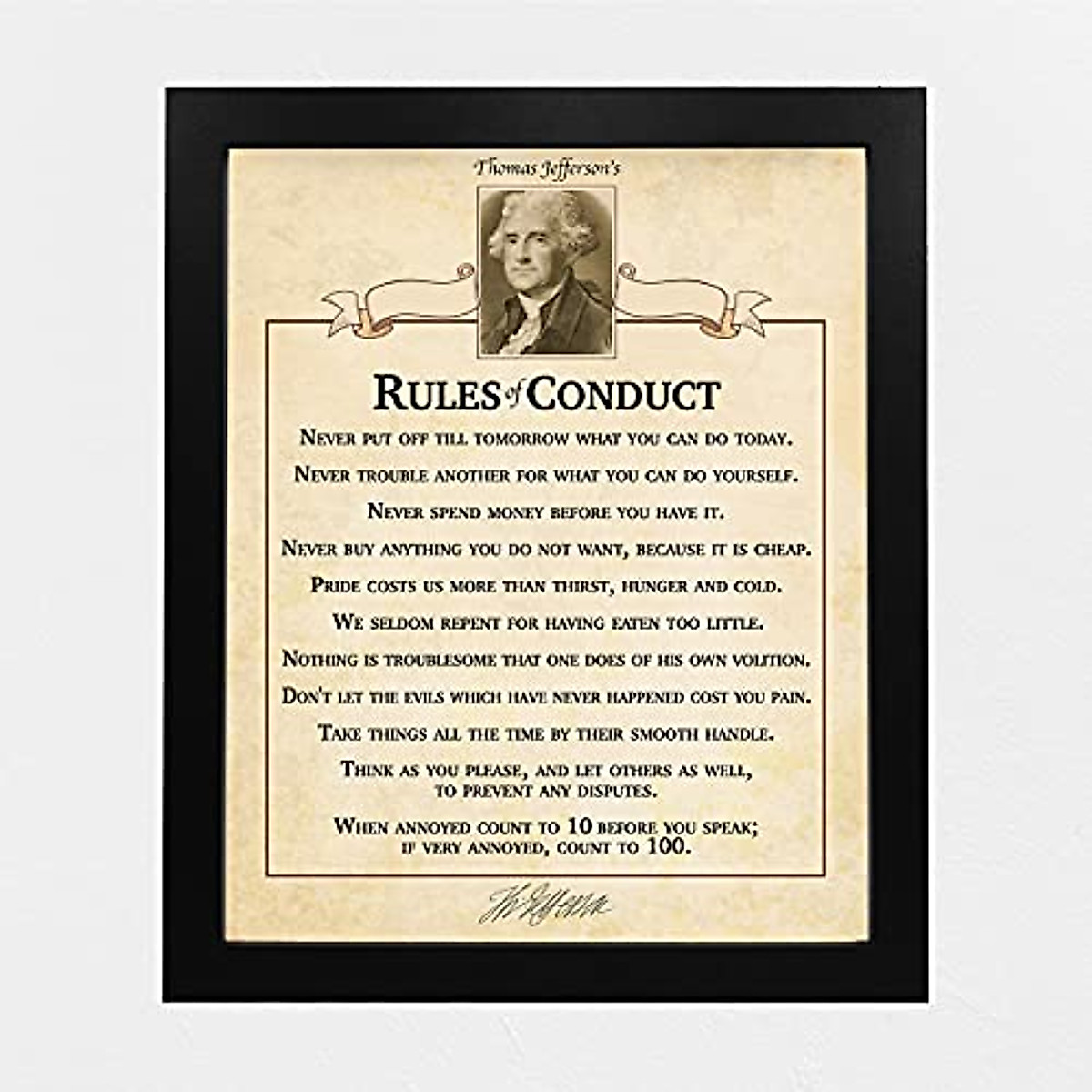 "Thomas Jefferson's Rules of Conduct"-Inspirational Wall Art Sign- 8 x 10"Motivational Quotes Poster Print w/Distressed Parchment Design-Ready to Frame. Perfect Home-Office-School-Library Decor!
