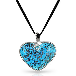 BESHEEK Handmade Murano Inspired Metal Frame Blown Glass Lampwork Art Pendant Necklace for Women│ Handcrafted Artisan Hypoallergenic Italian Style Jewelry (Blue and Gold Heart)