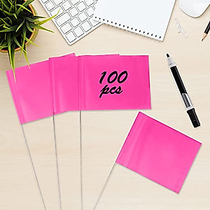 IKAYAS 100 Pack Marking Flags Marker Flags for Lawn 4 * 5 Inch Pink PVC Small Yard Flags Stake Flags on 15 inch Steel Wire, Lawn Flags, Yard Flags, Garden Flags