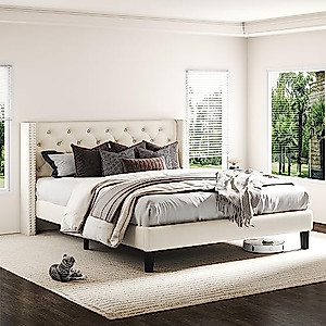 Lonkwa Queen Size Bed Frame with Upholstered Wingback, Beige Platform Bed Frame with Headboard Tufted Diamond Button, Sturdy Wooden Slats, Noise-Free, Easy Assembly