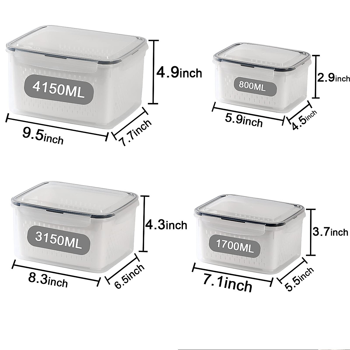 4 Pack Large Fridge Food Storage Container Set with Lids with Strainer, Fruit Vegetable Storage Containers Keep Fruits, Vegetables, Berry, Meat Fresh longer , BPA-Free Plastic Produce Keepers