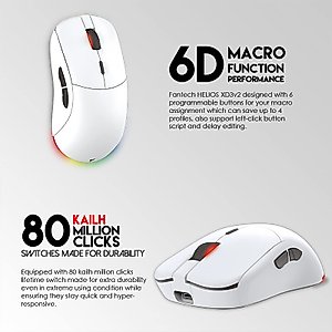 FANTECH Helios XD3 V2 Symmetrical Wireless RGB Gaming Mouse, PixArt 3370 19,000 DPI Kailh Switches 6 Programmable Buttons Professional Grade Small Size Mouse, Dual Modes Mouse, XD3V2 White
