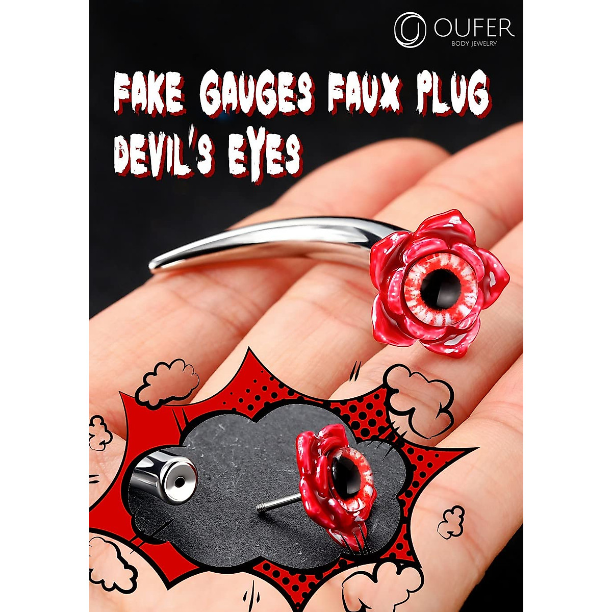 OUFER 2PCS Fake Lobe Earrings, 18G Devil's Eyes Lobe Piercing Jewelry, Fake Devil's Teeth Fake Gauges Faux Plug Taper 3D Devil's Flowers Body Piercing Jewelry For Women And Men