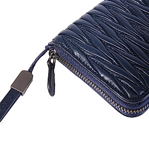 YILINSA Women's Wallet RFID Blocked Leather Wallet Pleated Clutch Long Wallet Leather Zipper Wallet (Blue)