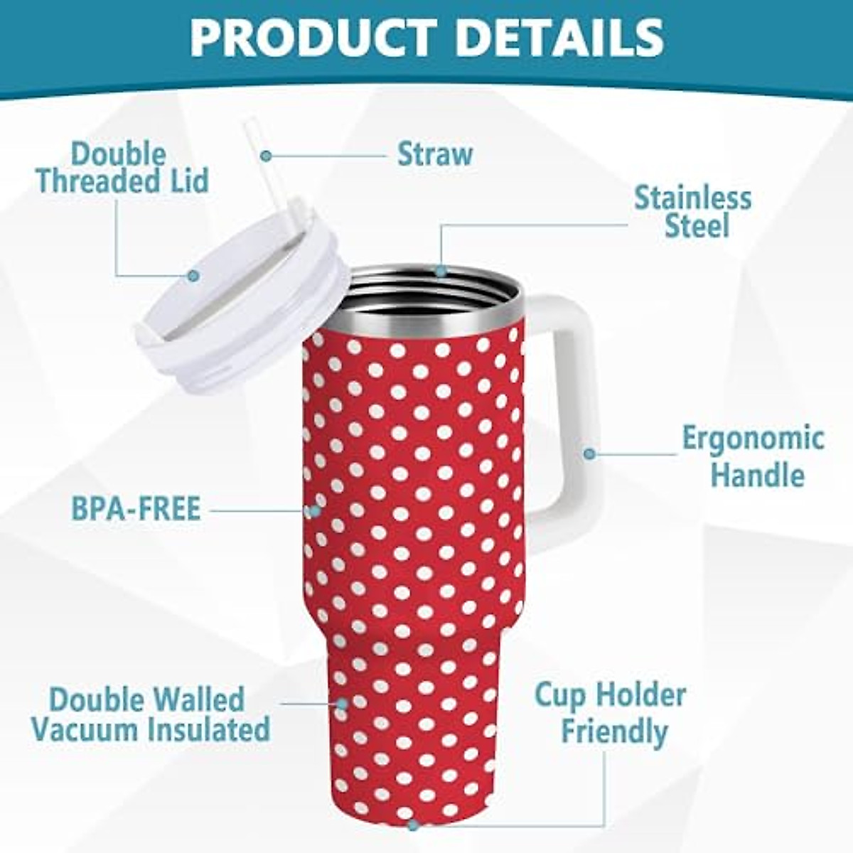 ZZXXB White and Red Polka Dot Insulated Stainless Steel Water Bottle with Handle and Straw Lid Double Walled Travel Mug 40 oz
