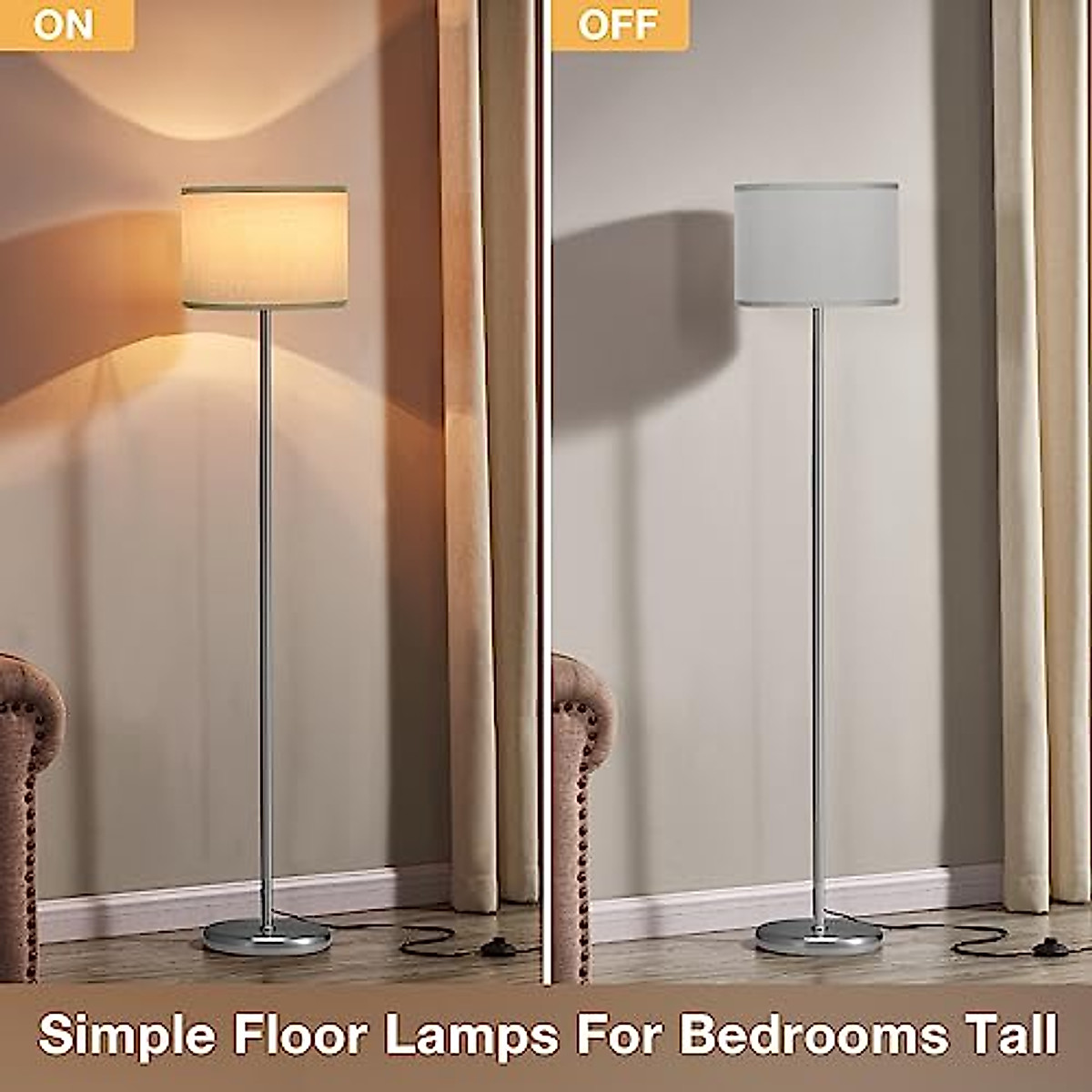 Ambimall Modern Silver Floor Lamp - Tall Lamp for Living Room, Bedroom, Office, Dining Room - Grey Shade (No Bulb)