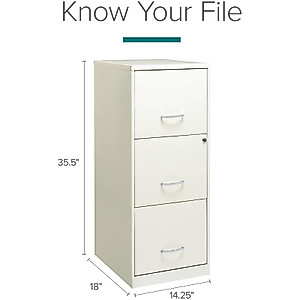 Scranton & Co 18" Deep 3 Drawer Metal Vertical File Cabinet, Letter Size, Locking, Home Office, in Pearl White