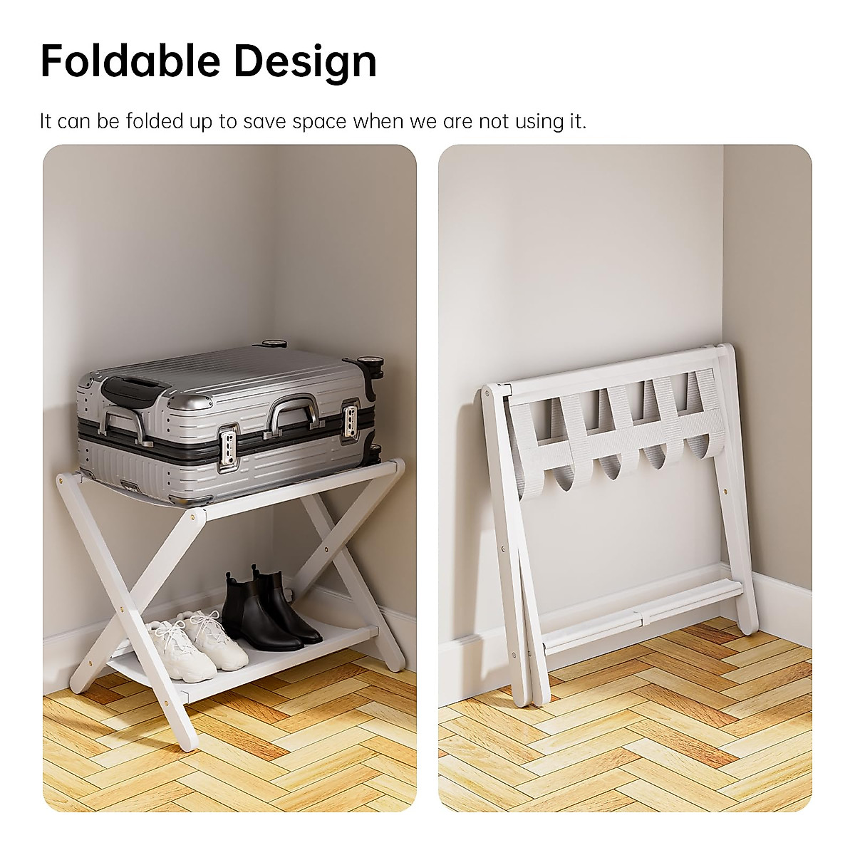 HITNET White Luggage Rack, Set of 2, Folding Suitcase Stand with Storage Shelf, Bamboo Luggage Holder with 5 Nylon Straps for Guest Room Bedroom Hotel