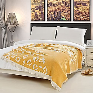 Downhome Cozy Soft Lightweight Throw Blanket for Couch, Cotton Chenille Blend Decorative Woven Knit Boho Throw Blanket,Yellow Leopard Pattern with Tassels