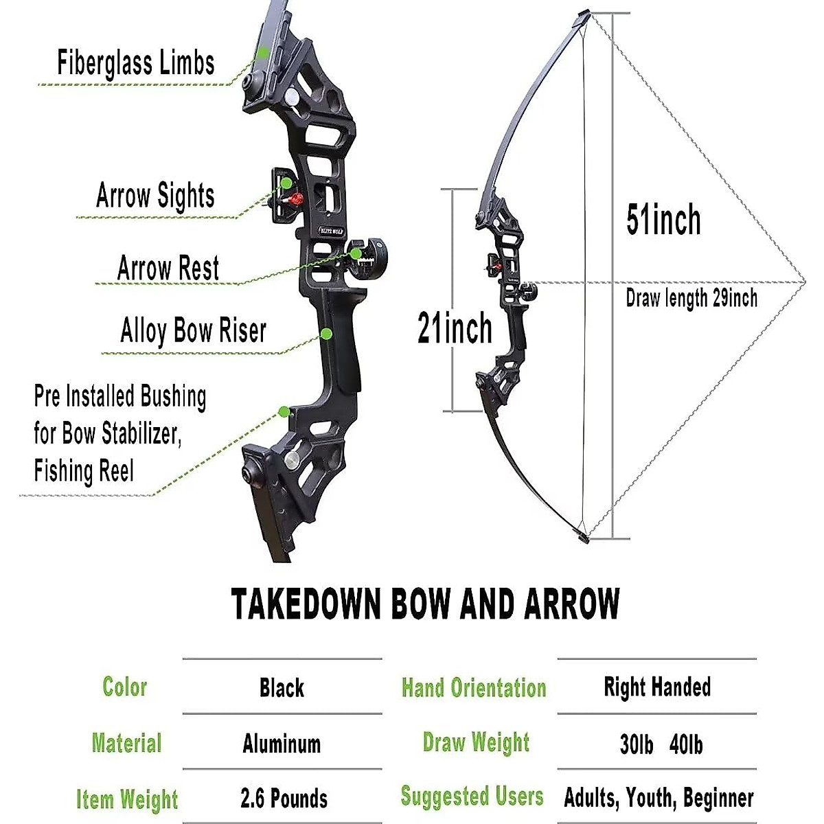 Archery Bows for Adults, Takedown Aluminum Alloy Riser Bow and Arrow Set for Adults Beginners, 30 40 Lbs Right Hand Archery Set with 12 Arrows Recurve Kit