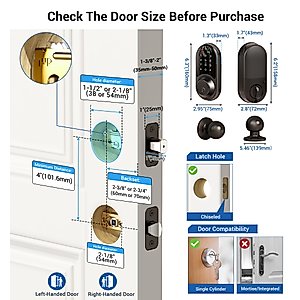 Veise Smart Locks for Front Door, 2 Knob Handle Set, Keyless Entry Deadbolt, App Control, Electronic Touchscreen Digital Keypad, Auto Lock, Easy Installation, IP54 Waterproof, Matte Black