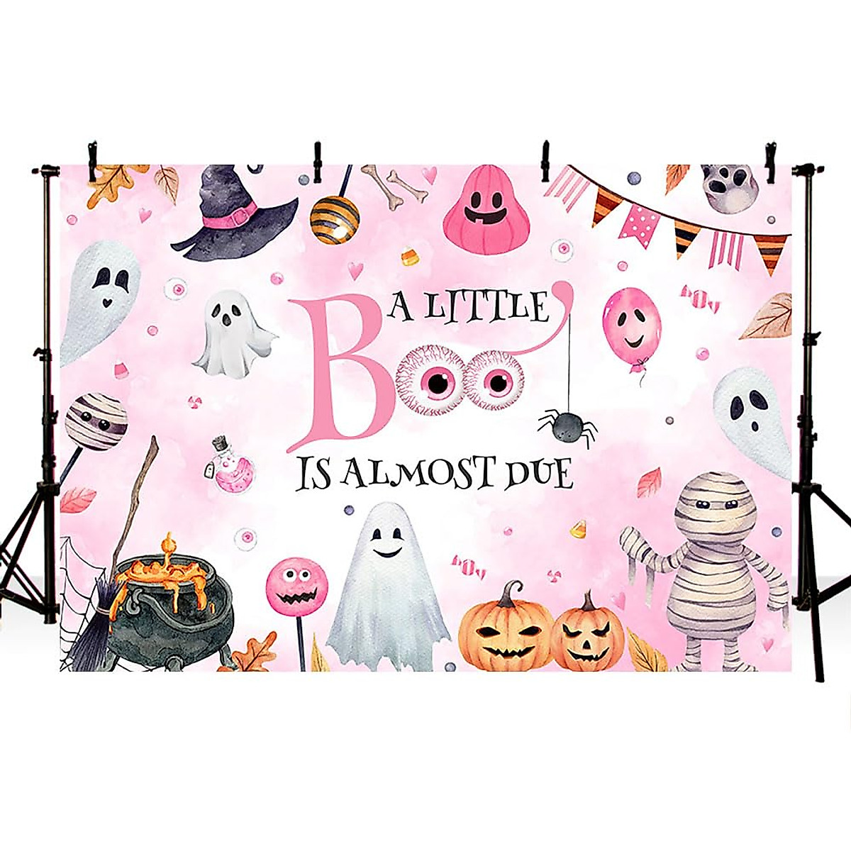 MEHOFOND 7x5ft Halloween Baby Shower Backdrop for Girls A Little Boo Is Almost Due Pumpkin Pink Watercolor Photography Background Halloween Baby Shower Party Banner Supplies Photo Booth Studio