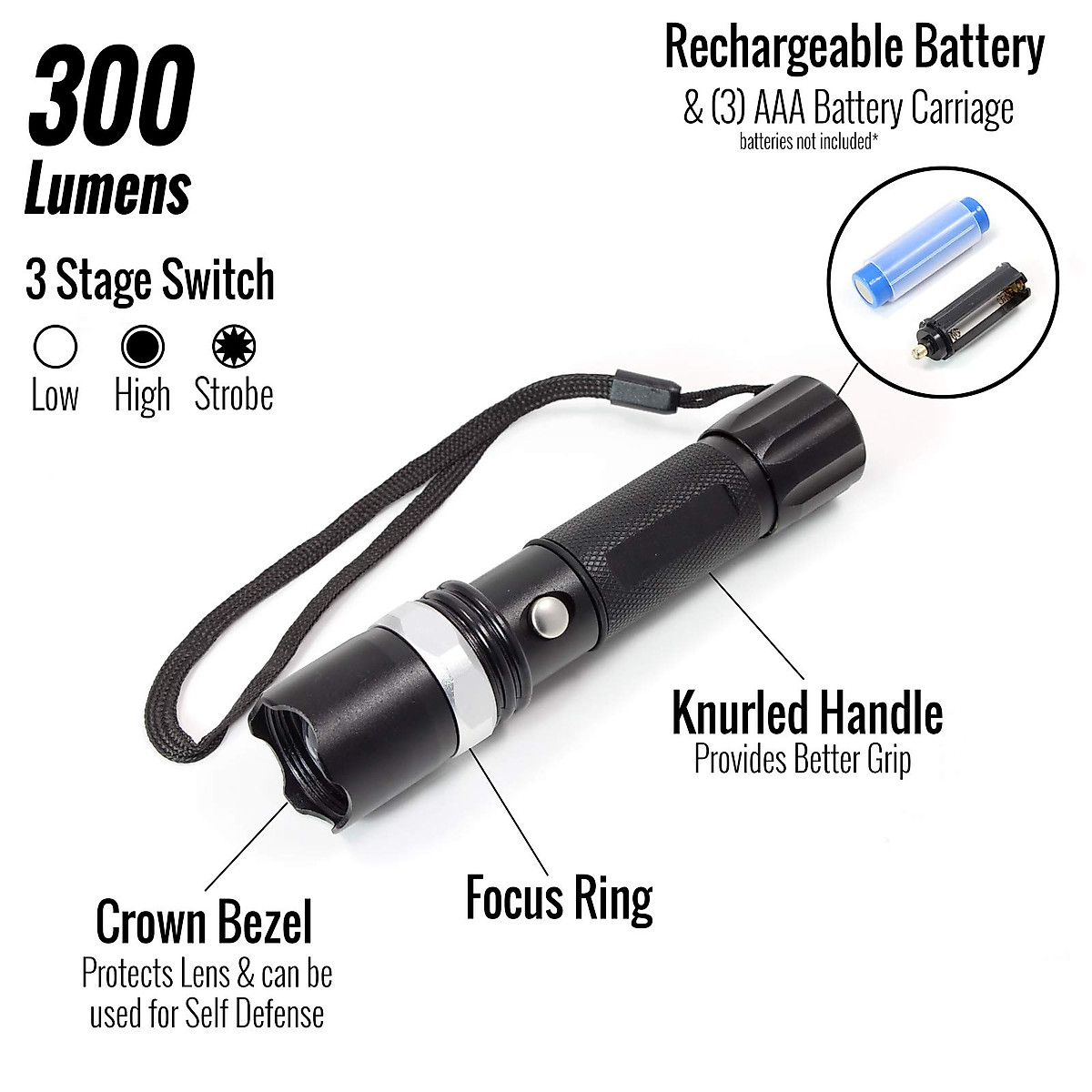 ASR Federal 300 Lumens Adjustable LED Flashlight Set with Rechargeable Batteries and Traffic Wand, 10pc