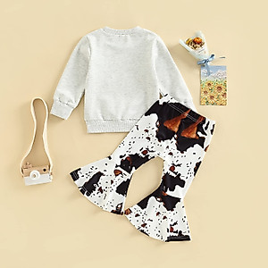 BOIBOKOKO Western Baby Girl Clothes Long Sleeve Cow Print Sweatshirt Letter Print Top Cow Spot Flared Pants 2PCS Fall Outfits