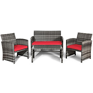 Giantex 4 Pc, Rattan Loveseat & Patio Chairs with Cushioned Seat, Wicker Coffee Table, Outdoor Furniture Front Porch Poolside Garden Lawn Conversation Sets, Mix Grey&red