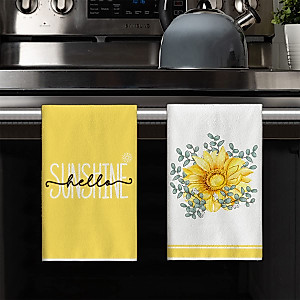 Artoid Mode Eucalyptus Leaves Sunflower Summer Kitchen Towels Dish Towels, 18x26 Inch Hello Sunshine Holiday Decoration Hand Towels Set of 2