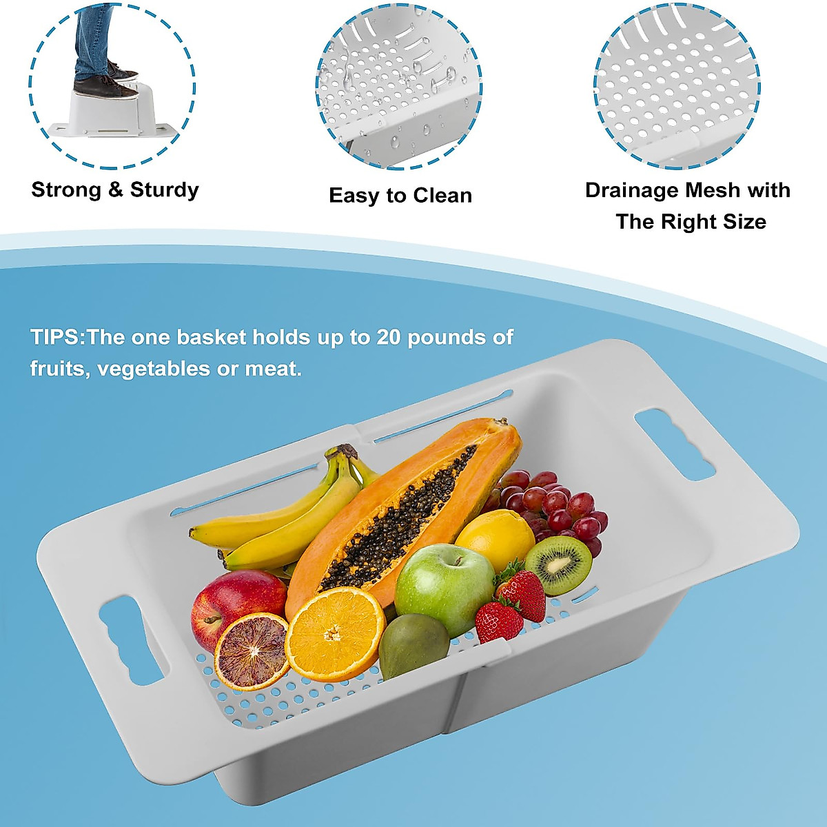 Adjustable Deep Freezer Organizer Bins, 2-PACK Chest Freezer Baskets, Expandable Freezer Storage Bins with Handle, Freezer Organization Accessories for Kitchen (Grey)