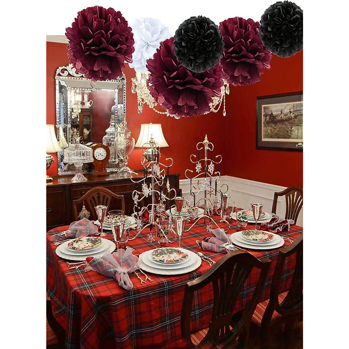 Decorations 2022 Maroon Graduation/Burgundy Black White Birthday Decorations for Women 40th/50th Birthday 12 Tissue Paper Pom Poms Maroon Burgundy Black Wedding/Bridal Shower Retirement Decorations