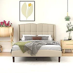 AGARTT Upholstered Platform Full Size Bed Frame with Geometric Headboard No Box Spring Required Anti-Slip Beige Linen