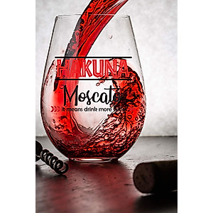 AW Fashions Hakuna Moscato It Means Drink More Wine Funny 15oz Crystal Stemless Wine Glass - Fun Wine Glasses with Sayings Idea For Women, Her, Mom on Mother's Day Or Christmas
