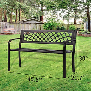Garden Bench Patio Metal Bench Outdoor Park Benches Sturdy Steel Frame Cast Iron Front Porch Yard Furniture with Mesh Pattern and Armrests Seating for Yard, Porch, Deck, Entryway or Backyard, Black