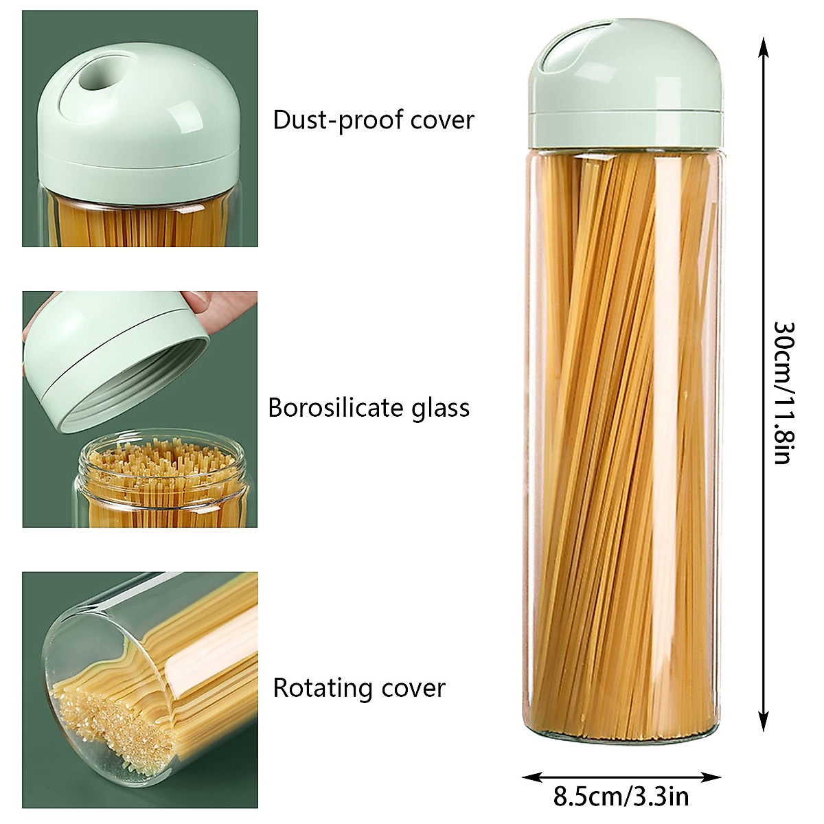 funvim Spaghetti Container Storage Glass,59oz/1.7L Pasta Storage Containers for Pantry Airtight,Green Spaghetti Jar with Measurer for Spaghetti and Noodles