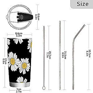 Kigai Stainless Steel Water Bottles Tumbler with Lids & Straws Vacuum Insulated Leak Proof Travel coffee Mug BPA FREE Smoothie Cup 12 OZ, Black White Daisy