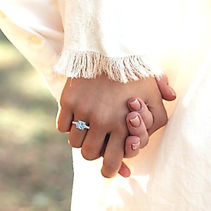 Clara Pucci 3.50ct Cushion cut 3 stone Solitaire Blue Simulated Diamond Engagement Promise Anniversary Bridal Ring 18K White Gold 3.75