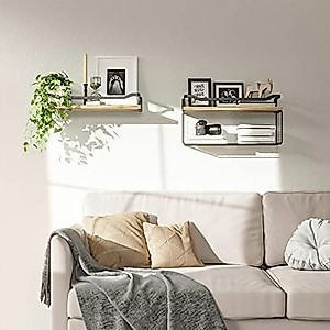 WOPITUES Floating Shelves with Wire Storage Basket, Bathroom Shelves Over Toilet with Protective Metal Guardrail, Wood Wall Shelves for Bathroom, Bedroom, Living Room, Toilet Paper- Light Brown