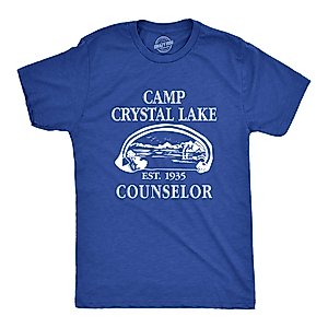 Crazy Dog Mens T Shirt Camp Crystal Lake 1980 Spooky Halloween Horror Slasher Movie Tee Funny Camping Tshirt Vintage Shirt for Retro 80s Movie Fans Heather Royal L