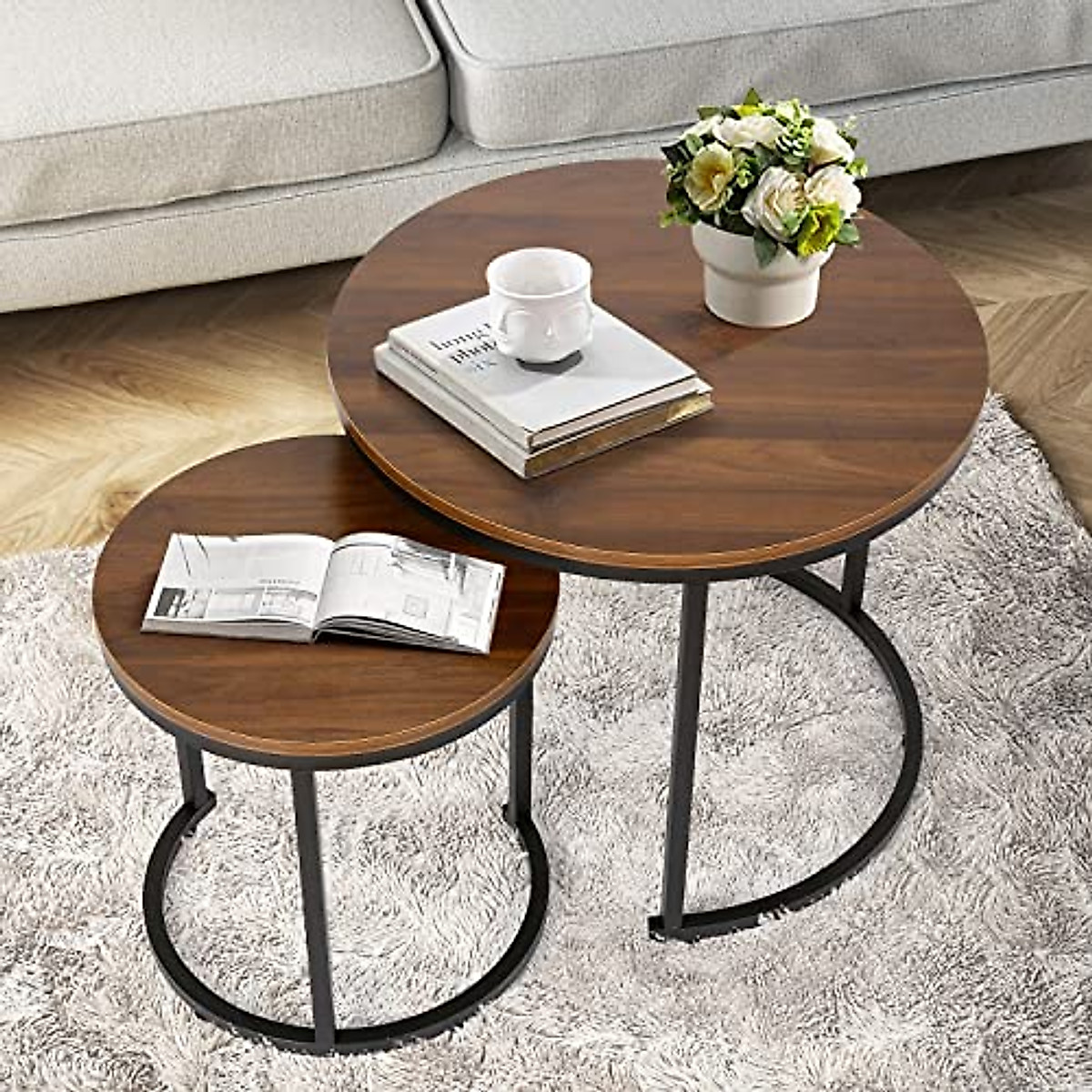 Coffee Tables for Living Room - Small Round Coffee Table Set of 2, Center Table with Solid Wood Grain Table Top and Sturdy Metal Frame, Nesting Tables for Small Spaces, Easy to Assemble (Walnut)