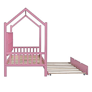 GOWE Wooden Twin Size House Bed with Trundle,Kids Bed with Shelf,Pink
