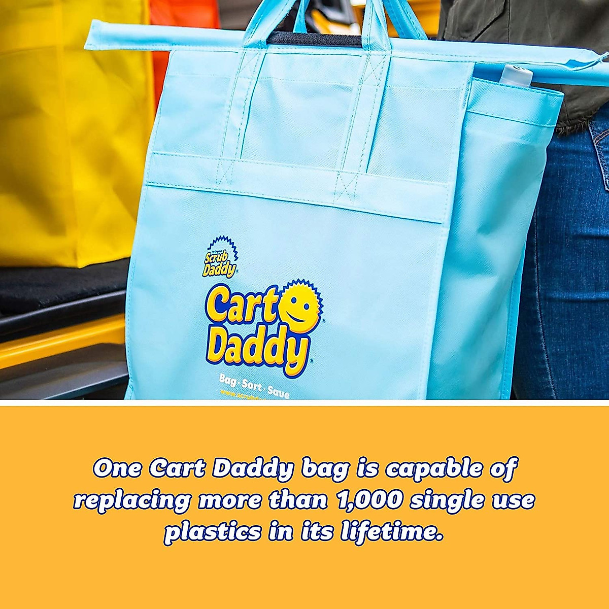 Scrub Daddy Cart Daddy Reusable Grocery Bags - 2 Large Orange & Yellow Cart Bags for Bulky, Light Items + 1 Small Blue Cart Organizer Tote for Heavy, Fragile Items - Foldable, Washable & Expandable