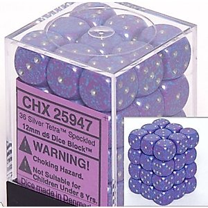 Chessex Dice d6 Sets: Silver Tetra Speckled - 12mm Six Sided Die (36) Block of Dice