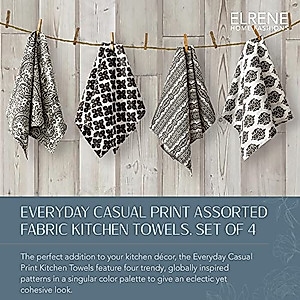 Elrene Home Fashions Everyday Casual Prints Assorted Kitchen Towels, Cotton Dish Towels, 17 Inches by 28 Inches, Black, Set of 4