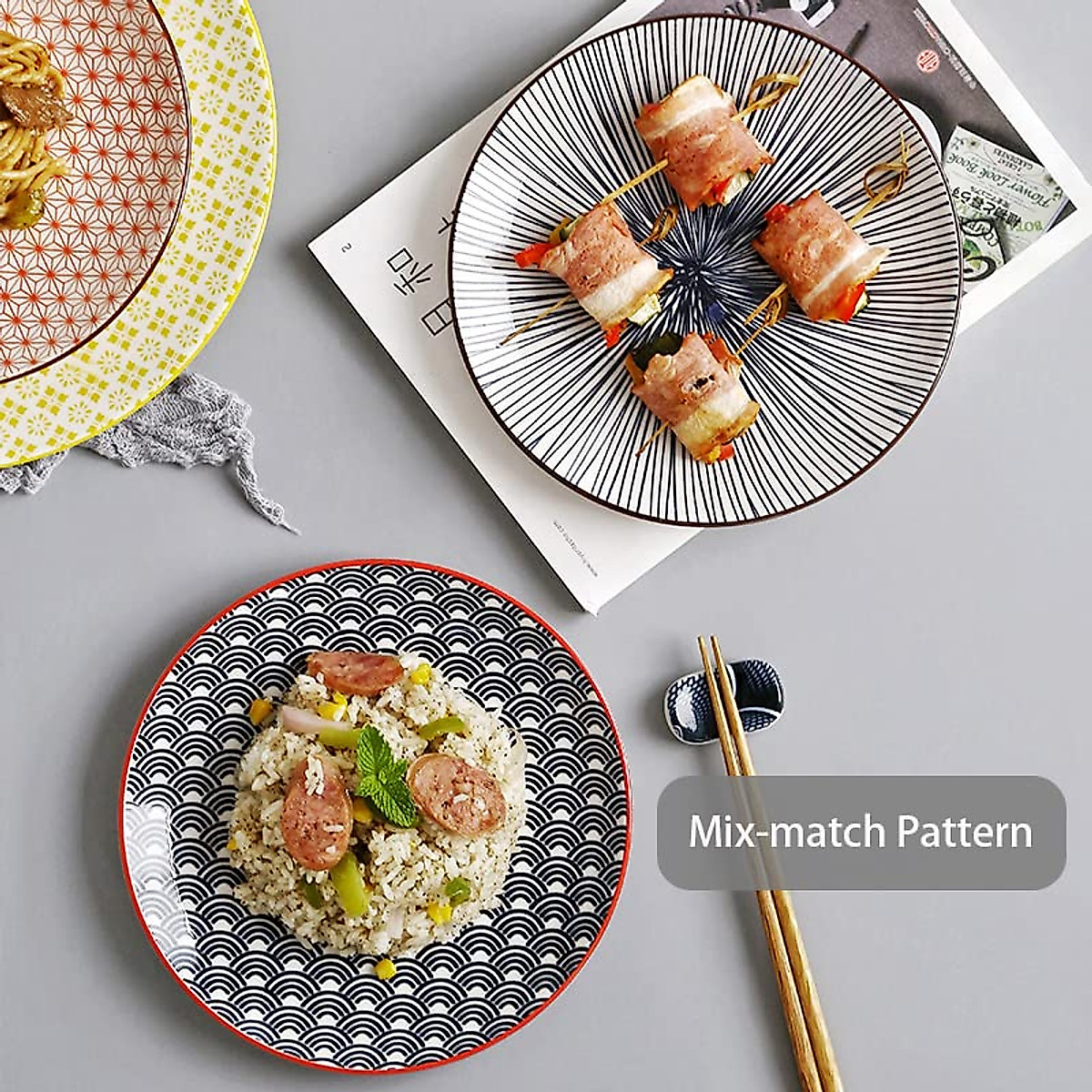 Domini Ceramic Pasta plates,8 inch Salad Bowls,Set of 4,Microwave and Oven Safe Plate with High Edge,Large Wide Bowls/Plates for Serving Dinner,Salad,Oatmeal,Mix-Match Pattern,Gift