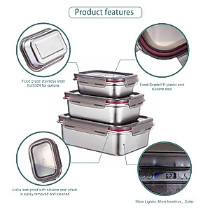 GC GENICOOK Stainless steel food storage containers leak proof & airtight lids for Kitchen,stainless steel bowl,meal prep lunch box,freezer and microwave safe,rectangular,reusable & stackable