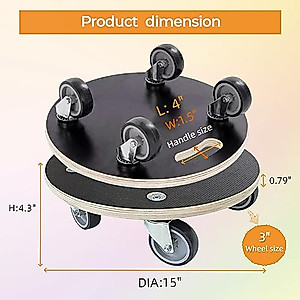 15-Inch Round Wood Platform Dolly with TPR Silent 3" Wheel, 551-lb Load Capacity Heavy Duty Wood Furniture Dolly, Multifunctional Movers Carrier,Plant Dolly, Two Pack