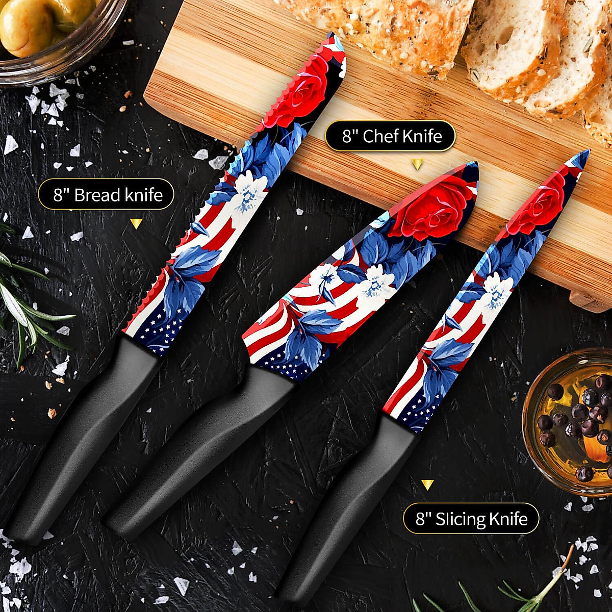 Knife Set, 6-Piece Kitchen Knife Set, German Stainless Steel, Dishwasher Safe, Beautiful Unique Gifts, Freedom, Equality and Justice Patterns