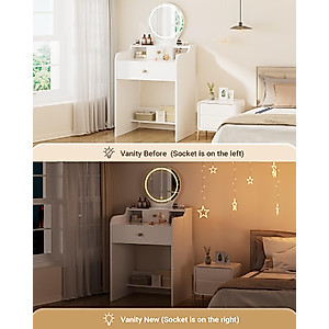 LIVELYGLOW Small Vanity Desk Set with Round Mirror and Light- Vanity Desk with Drawer- White