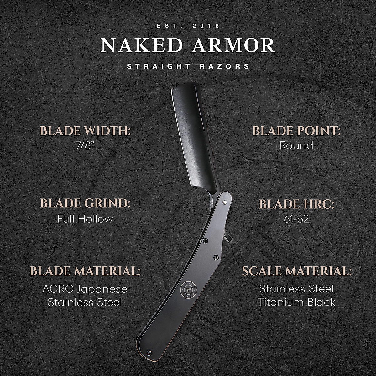 Naked Armor Lancelot Black Stainless Steel Straight Razor，Shave Ready Straight Edge Razor, Stainless Steel, Barber Approved Straight Razors for Men，Leather Case, Close Shave at Home，Navaja de Barbero